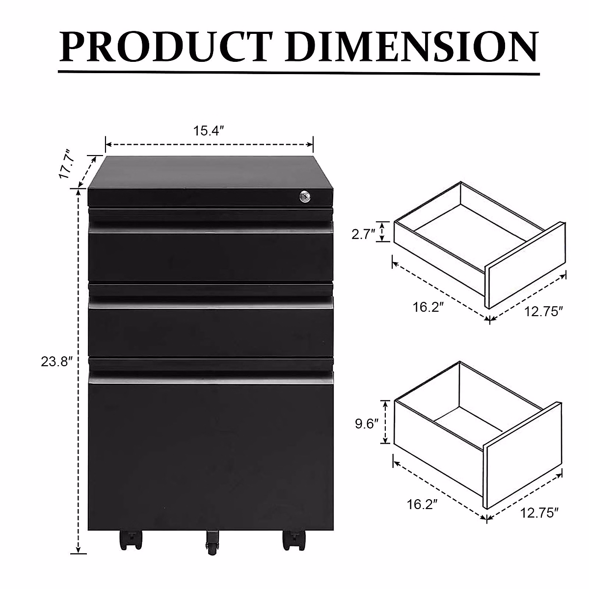GOOGIC 3-Drawer Mobile File Cabinets Rolling Metal Filing Cabinet for Legal & Letter File Anti-tilt Design with Lock Under Desk Office Drawers Fully Assembled Except Casters Black