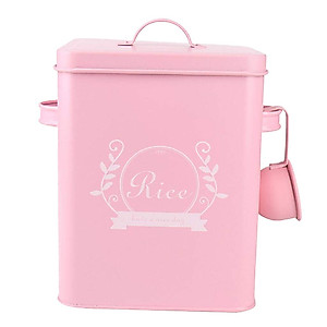 Luzhengyang Large Pink Metal Storage Tin Canister Bucket with Lid and Scoop for 50lbs Rice and Laundry Detergent Powder - Retro Galvanized Rice Dispenser for Emergency Food Storage