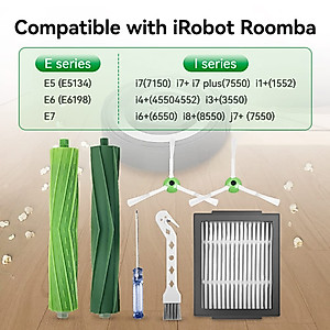 Replacement Parts for iRobot Roomba i7 i7+ i3 i3+ i4 i4+i6 i6+ i8 i8+/Plus E5 E6-2 Sets of Multi-Surface Rubber Brushes, 8 Filters, 8 Edge-Sweeping Brushes - Efficient Cleaning and Maintenance