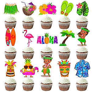 32pcs Hawaii Luau Cupcake Toppers Decoration Hawaiian Tropical Party Cupcake Toppers with Flamingo Pineapple Palm Leaves Tiki for Aloha Summer Party Supplies