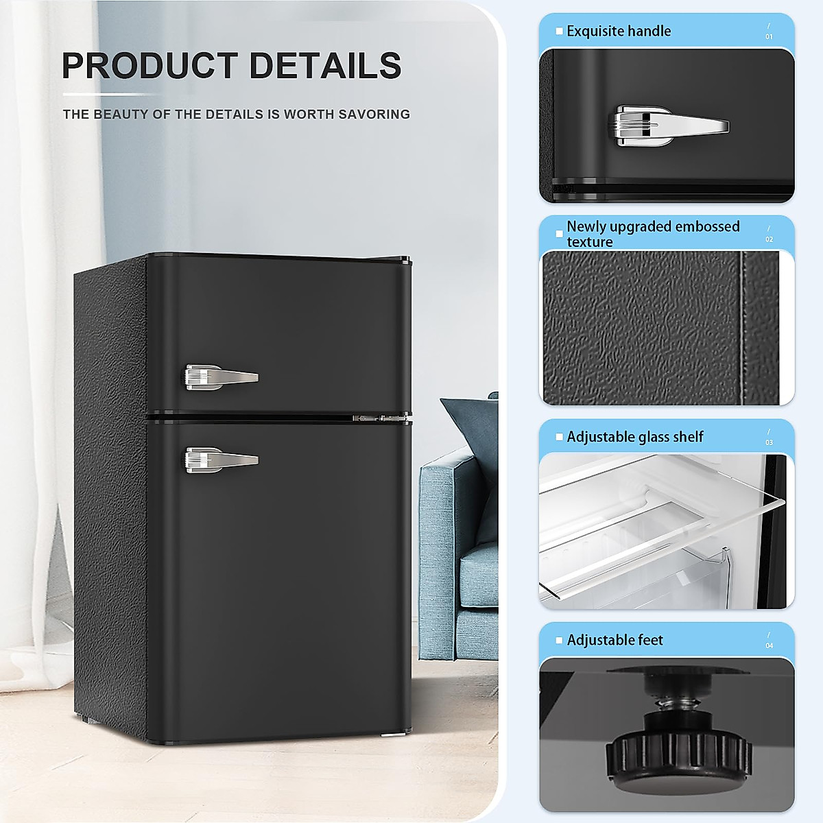 Antarctic Star Mini Refrigerator 3.2Cu.Ft Compact Fridge 2-Double Doors with a Freezer Low Noise Defrost Storage of Beverages Vegetables and Fruits for Home Office Dorm, Emboss Black