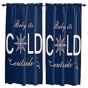 2 Panels Kitchen Curtain 72 Inch Long, Christmas Kitchen Window Curtains Rod Pocket Cafe Curtains Drapes Window Treatment for Bedroom Bathroom Cold Winter Snowflakes Blue Backdrop