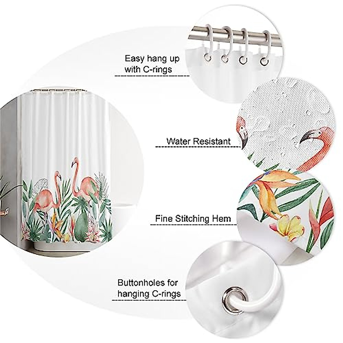 Red Flamingo Shower Curtain, Waterproof Washable Boho Funny Cute Shower Curtains Set for Bathroom Bathtubs Curtains Decor Set, 72" Wx96 L with Hooks Summer Tropical Plants Pastoral Botanical