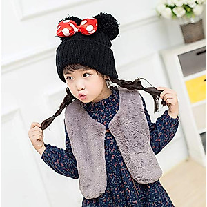 Toddler Girls Winter Beanie Hats with Pom Poms Warm Knit Baby Cap with Cute Mouse Ears Bowknot Black