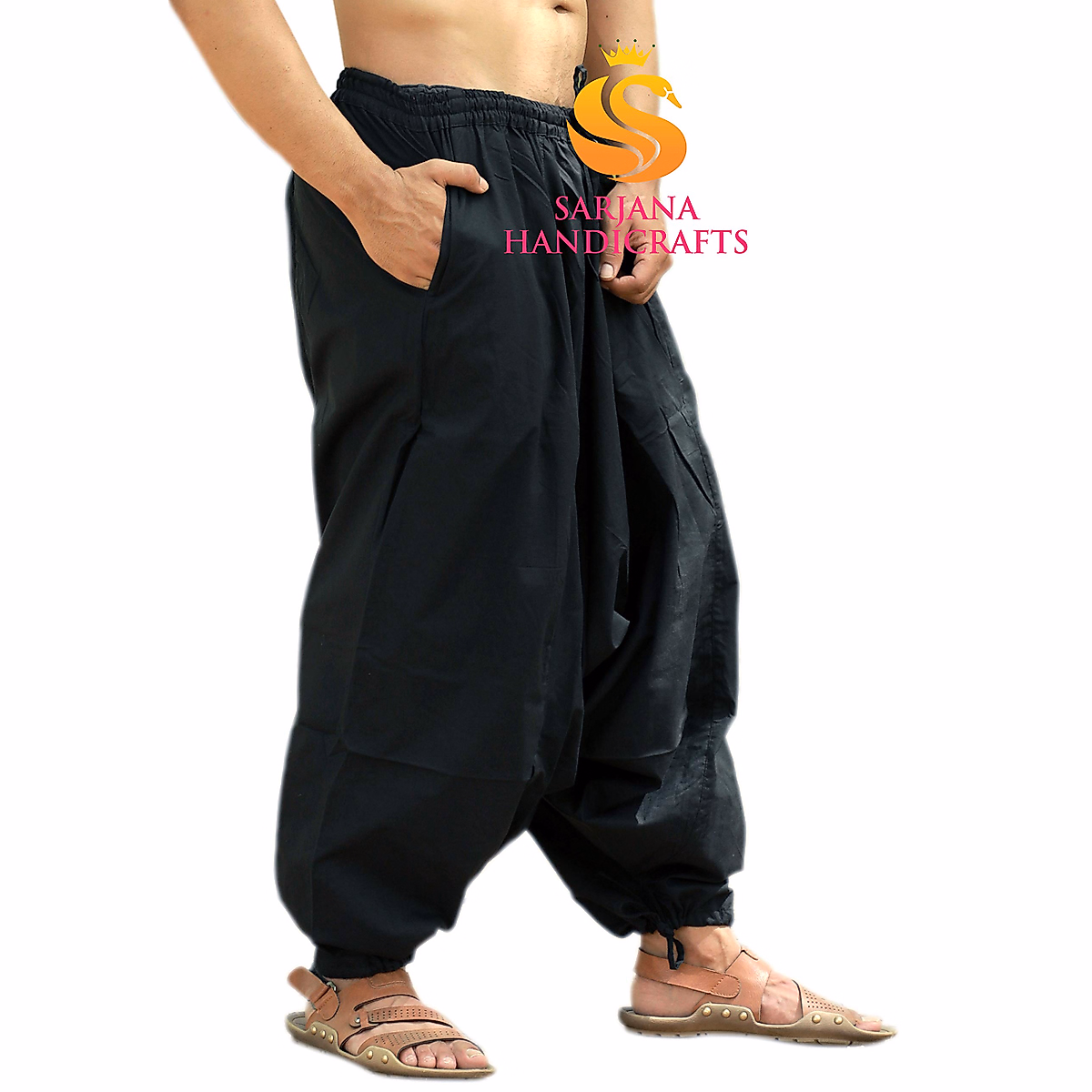 SARJANA HANDICRAFTS Men's Cotton Harem Yoga Baggy Boho Pants (as1, Alpha, one_Size, Regular, Regular, Black1)