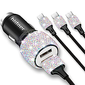 Bling USB Car Charger 5V/2.4A Multicolor Crystal Decor Dual Port Fast Adapter with 3.9ft Nylon Type C/Micro USB 3-in-1 Multi Charging Cable for iPhone iPad Android,Car Interior Accessories for Women
