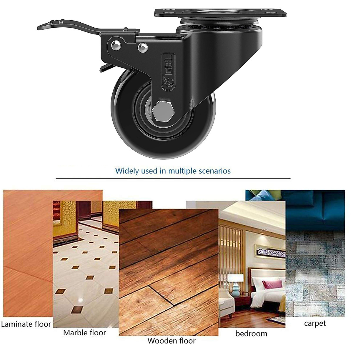 GBL 2" Heavy Duty Caster Wheels with 2 Brakes + Screws - up to 440Lbs - Set of 4 No Floor Marks Silent Castor for Furniture - Rubbered Trolley Wheels - Black Casters