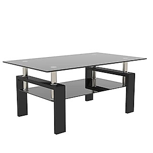 Tempered Rectangle Glass Coffee Tables with Metal Legs, Clear Coffee Table, Modern Side Center Tables for Living Room, 39.37" x 23.62" x 17.7" cm, Black