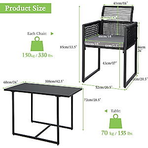 DORTALA Rattan Patio Furniture Set, 3-Piece Dining Set with Cushions, Tempered Glass Tabletop, Outdoor Wicker Small Chairs & Table Set for Backyard, Balcony, Poolside, Black