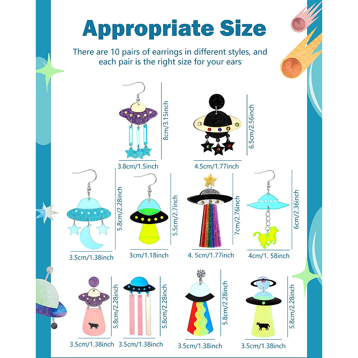 Yinkin 10 Pairs UFO Aliens Earrings for Women Space Weird Acrylic Earrings Flying Saucer Dangle Earrings Novelty Fun Glitter Cute Earrings Jewelry for Women, Multiple Colors
