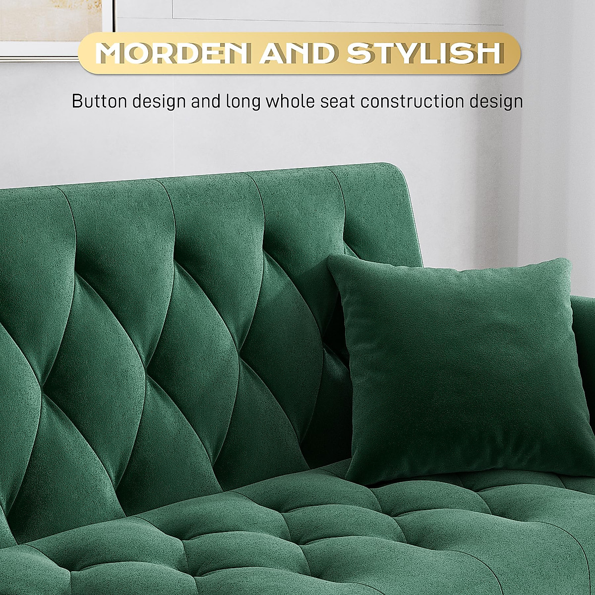 DAMAIFROM 71" Velvet Futon Sofa Bed, Modern Convertible Sleeper Sofa Loveseat, Tufted Futon Couch with Metal Legs for Small Living Room Office Bedroom, Green