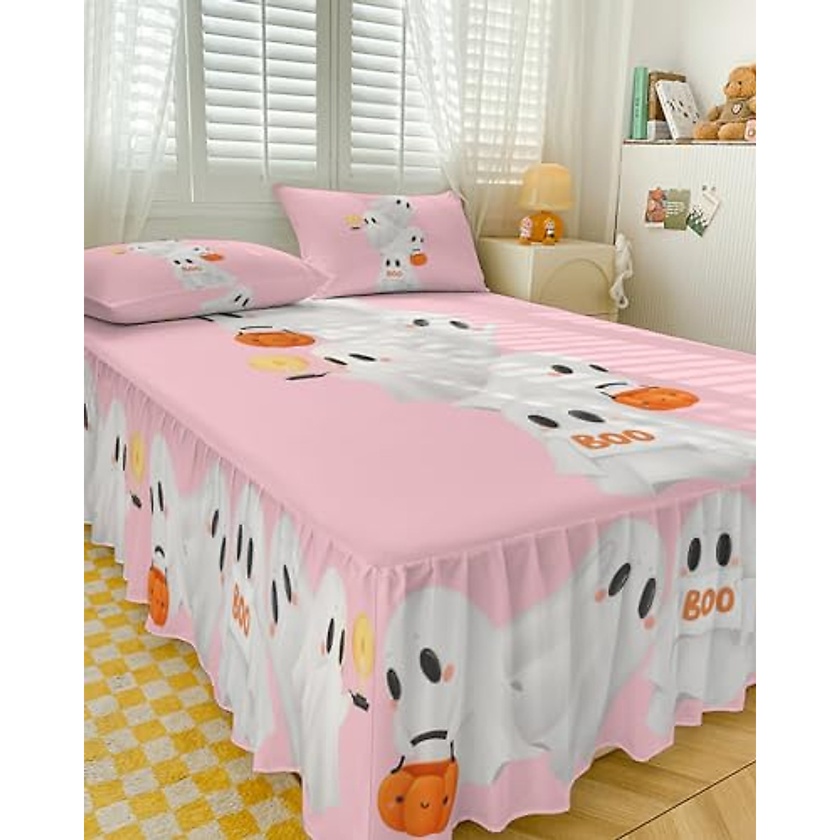 AMZRicher Halloween Wrap Around Pleated Bed Skirts for Queen Bed 60x80, Decorative Dust Ruffle Bed Sheet & Bedskirt 18'' Drop Bedspread with Pillow Case 20x30 White Ghost Pumpkin Blush Pink