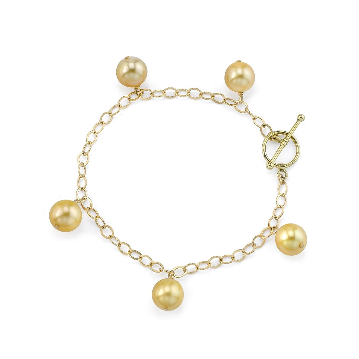 The Pearl Source 14K Gold 9-10mm Round Genuine Golden South Sea Cultured Pearl Dangling Tincup Bracelet for Women