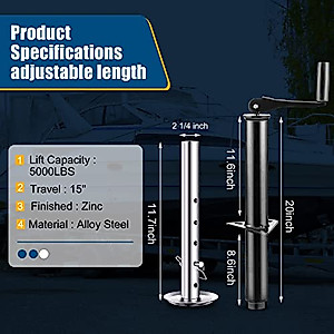 5000 lbs Top Wind A Frame Trailer Jack 15" Vertical Travel Trailer Tongue Jack Zinc Adjustable Drop Leg for Boat RV Camper