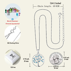 YL Tree of Life Necklace Sterling Silver Created Aquamarine Pendant Round Family Giving Jewelry