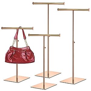 Leinuosen 4 Pcs Tabletop Purse Display Stand T Shaped Adjustable Height Purse Hanger Rack Stand Handbag Holder(Rose Gold)