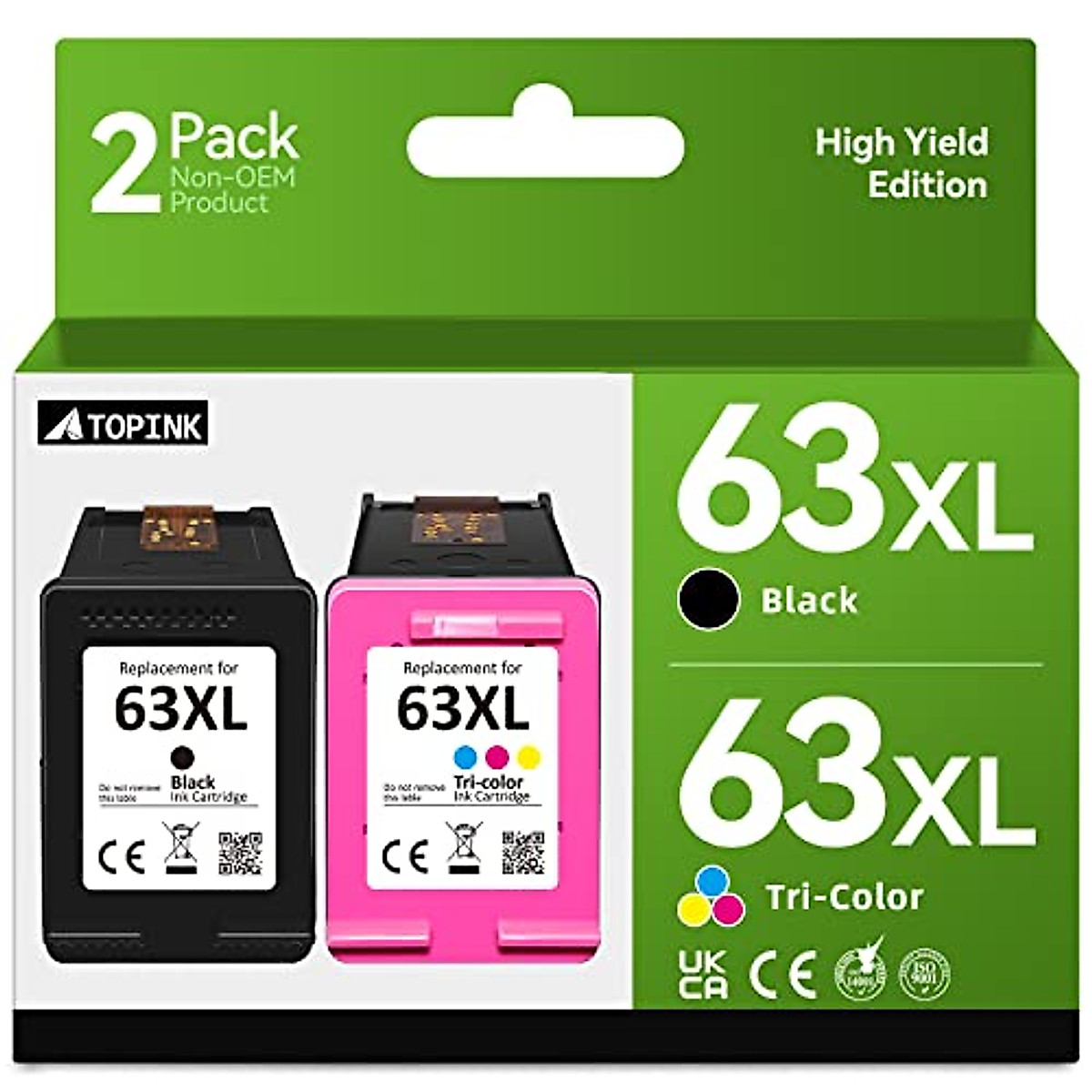63XL Black and Tri-Color Ink Cartridges (2 Pack), Replacement for HP 63XL 63 XL Ink | Works with Envy 4520 3634 OfficeJet 3830 5252 5255 4650 5258 DeskJet 3630 1112 3632 3636 Printers (Black, Color)