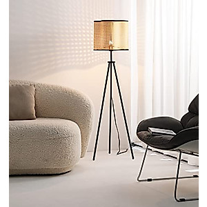 VidaLite Gal - Mid Century Bohemian Tripod PVC Rattan Shade and Velvet Boho Rim for Bed Dining, Kitchen, Living Room, Floor Lamp