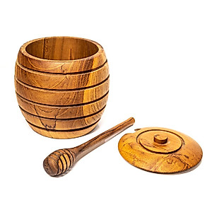 Rainforest Bowls Javanese Teak Wood Honey Jar w/Dipper Set- Ideal for Storing Honey, Jam & Syrups- Ultra-Durable- Premium Wooden Honey Jar Handcrafted by Indonesian Artisans