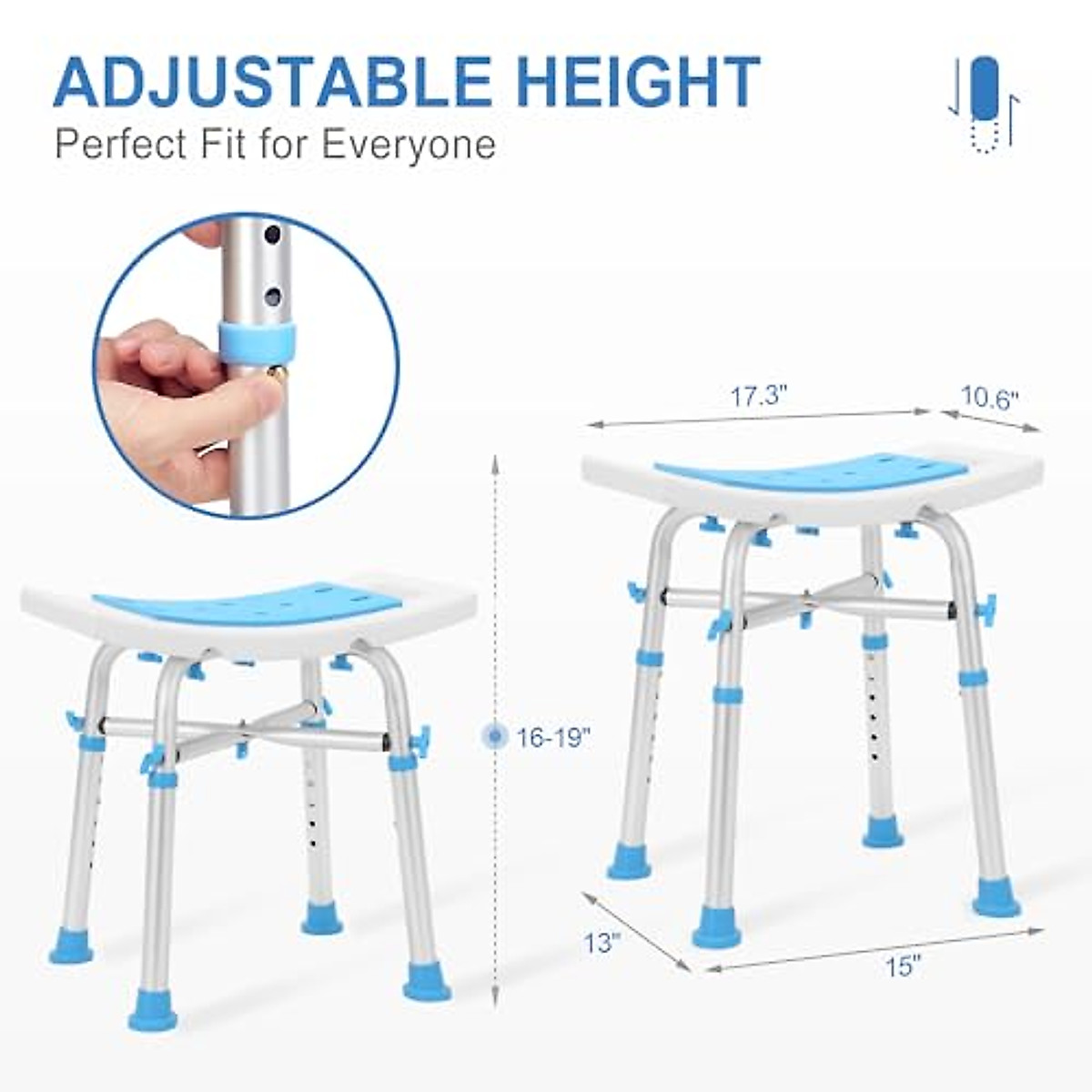 Health Line Massage Products Heavy Duty Shower Stool 550lb Bath Seat Chair, Tool-Free Assembly Height Adjustable Paded Seat Bench for Seniors, Elderly, Disabled, Handicap and Injured