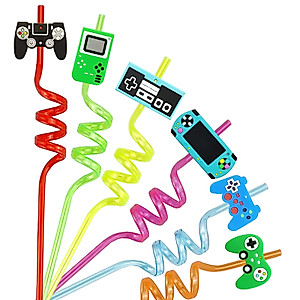 24pc Video Game Party Favors, Game Controller Drinking Straws as Birthday Party Supplies Decorations for Boys Goodie Gifts for Kids with 2 PCS Cleaning Brushes