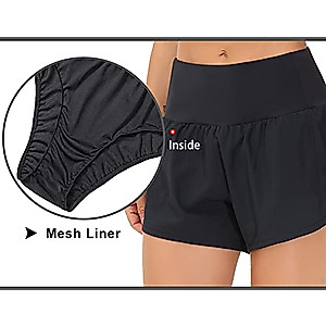 THE GYM PEOPLE Womens High Waisted Running Shorts Quick Dry Athletic Workout Shorts with Mesh Liner Zipper Pockets (Black, Medium)