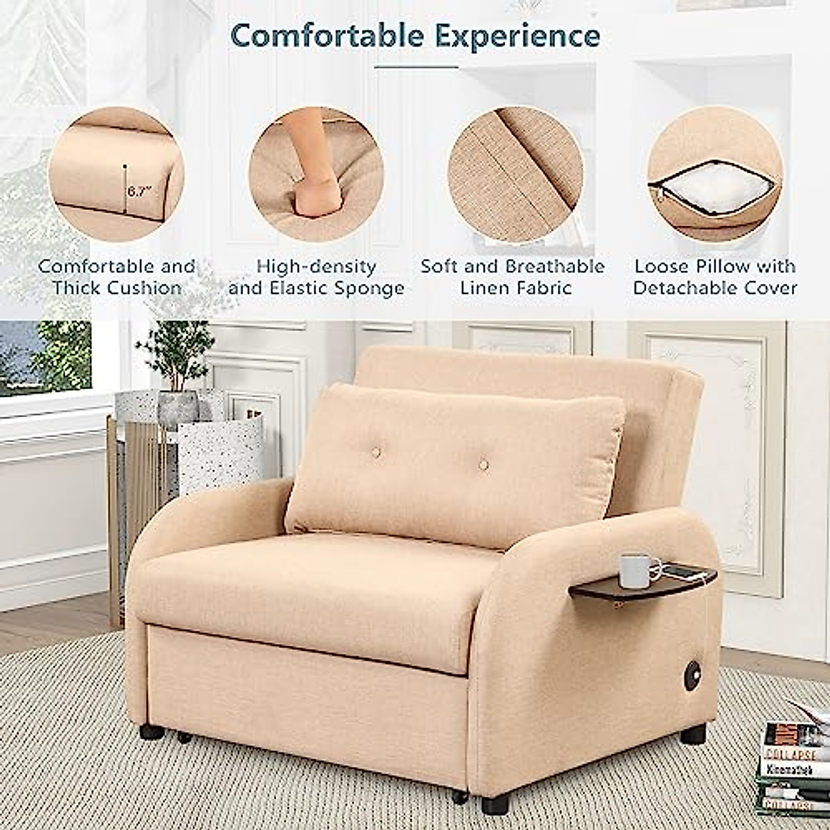 ERYE 3-in-1 Upholstered SofaChair Convertible Single Sleeper Couch Bed, Modern Pull Out Lounger Armchair W/Adjustable Backrest for Home Office Apartment Furniture