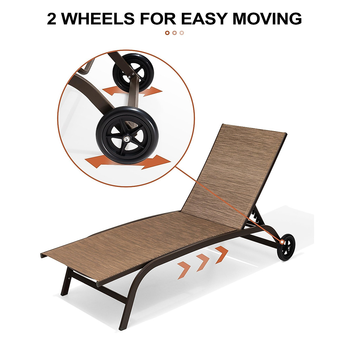Crestlive Products Outdoor Chaise Lounge Chairs with Wheels Set of 3, Pool Lounge Chairs with 5 Adjustable Position for Patio, Poolside, Yard, Brown