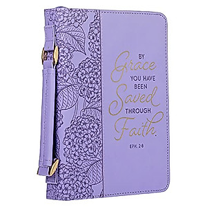 Christian Art Gifts Faux Leather Fashion Bible Cover for Women: by Grace You Have Been Saved - Ephesians 2:8 Inspirational Bible Verse, Hydrangea Lilac Purple, Medium