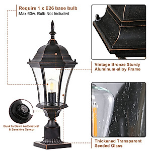 GOALPLUS 24" Outdoor Post Light with Dusk to Dawn Sensor, Exterior Post Lantern Fixture with Pier Mount, Antique Bronze Post Lamp with Seeded Glass, Aluminum Pole Lantern for Garden, Yard