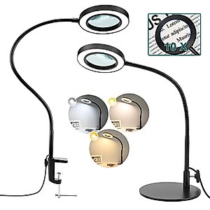 Tobegiga 10X Magnifying Glass with Light and Stand, 2-in-1 Flexible Gooseneck Magnifying Desk Lamp with Clamp, 3 Color Modes Stepless Dimmable LED Lighted Magnifier Hands Free for Craft Painting Hobby