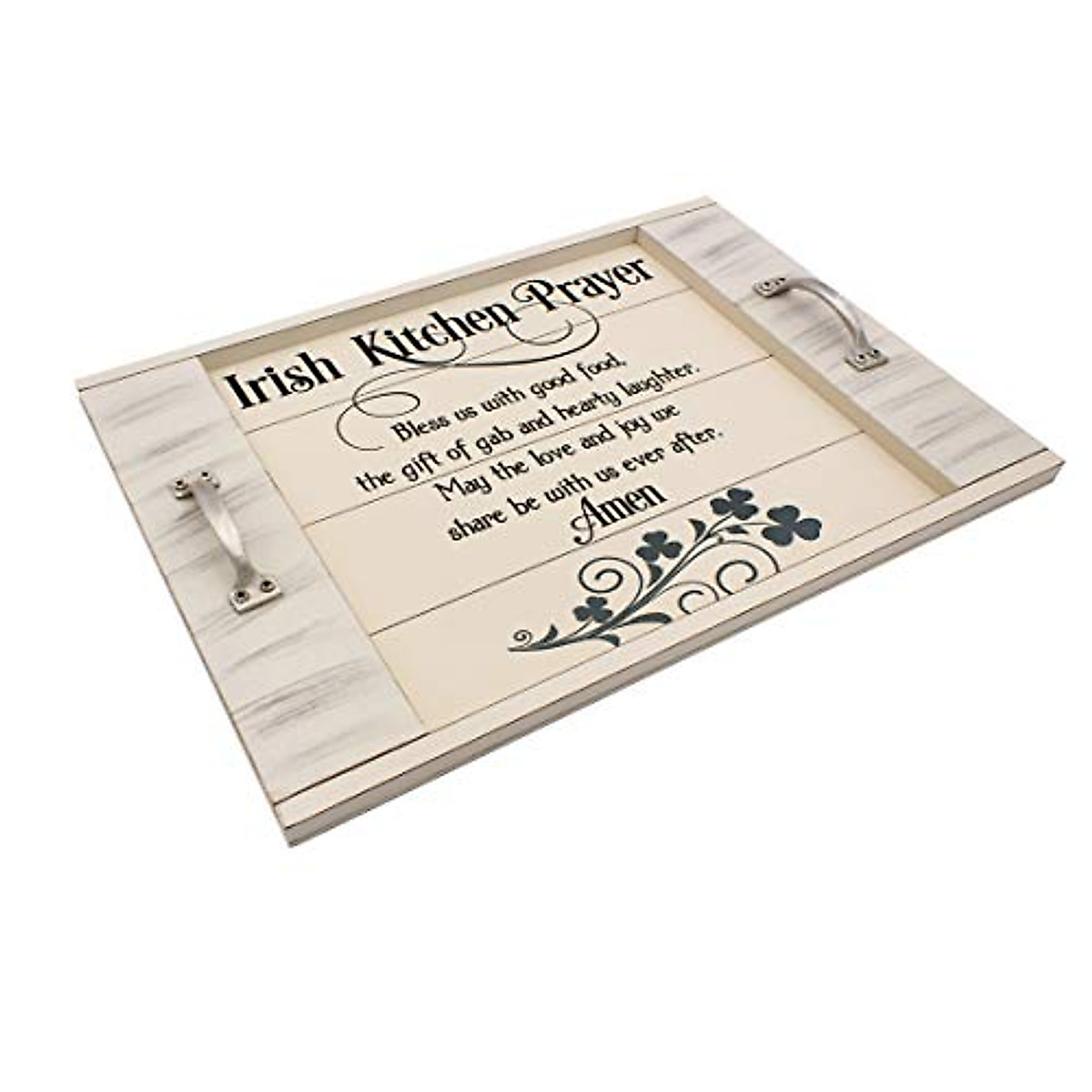 Irish Blessing Kitchen Prayer Serving Tray with slatted Wood Look 18"x12" with Silver Finish Metal Handles Irish Shamrock Motif and Prayer. Rustic Farmhouse Modern Irish Decorative Large Platter