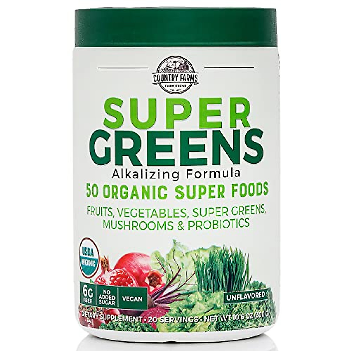 Country Farms Super Greens Natural Flavor, 50 Organic Super Foods, USDA Organic Drink Mix, 20 Servings (Packaging May Vary), 10.6 Oz