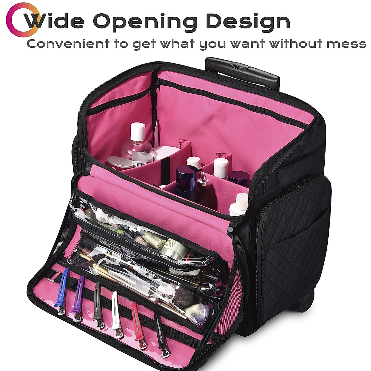 BYOOTIQUE Rolling Makeup Train Case Hairstylist Traveling Bag Carry On Barber Case Suitcase with Adjustable Dividers Cosmetic Bag with wheels for Hairdressing Tool Organizer Makeup Salon Nail