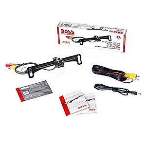 BOSS Audio Systems LPCB40 Rearview Car Backup Camera - License Plate Mount, High Resolution, Color, 170° Wide Angle View, Weatherproof, Wide Angle View, Low Light Friendly, Distance Guide View