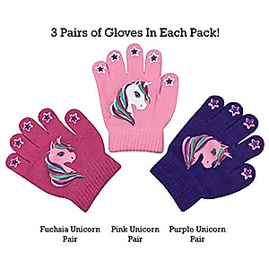 N'Ice Caps Kids Magic Stretch Gloves Mitten 3 Pairs Toddler Boys Girls Winter (Unicorns - Pink/Purple/Fuchsia, 3-5 Years)