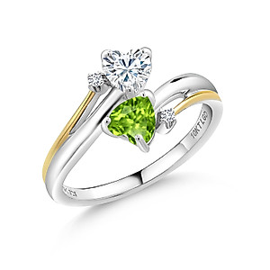 Gem Stone King 925 Silver 10K Yellow Gold Green Peridot and Moissanite 2 Tone 2 Heart Women Engagement Mother Ring (0.94 Cttw, Heart Shape 5MM) (Size 6)