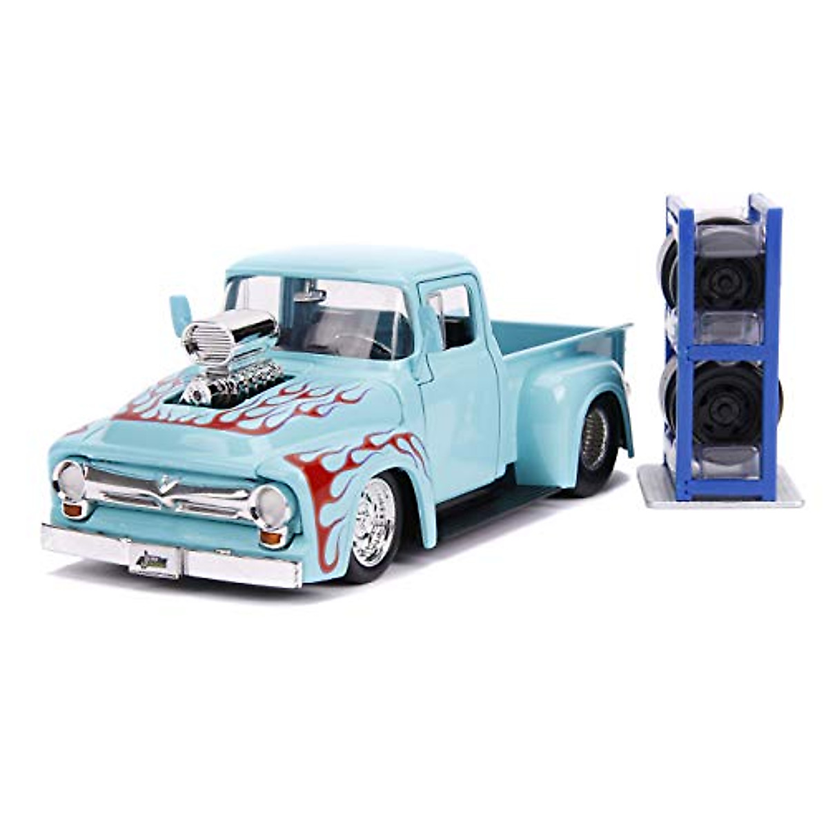 Jada Toys Just Trucks 1:24 1956 Ford F-100 with Rack Die-cast Car Blue/Red Flames, Toys for Kids and Adults