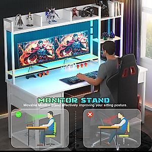 Aheaplus Desk with LED and Outlets, Gaming Desk with Hutch, 55.2'' Computer Desk with Drawers, Reversible Office Desk with Storage Bookshelf Large Workstation Desk with Shelf, Desk for Home, White