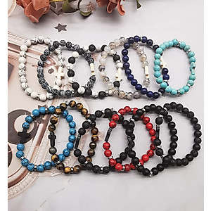 Svovin 12Pcs Fashion Religion Cross Men Women 8mm Natural Stone Lava Tiger Eye Stretch Anxiety Bracelets Unisex 7.5"