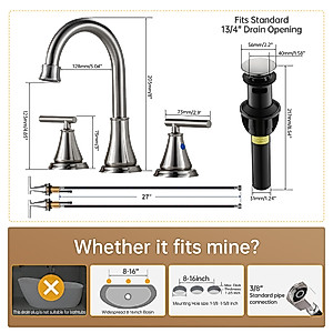 Fransiton 8 Inch Widespread Bathroom Sink Faucet 3 Hole, Brushed Nickel Bathroom Faucet with Metal Pop-Up Drain Assembly, Bathroom Vanity Faucet, 2 Handle and cUPC Faucet Supply Hoses for Sink