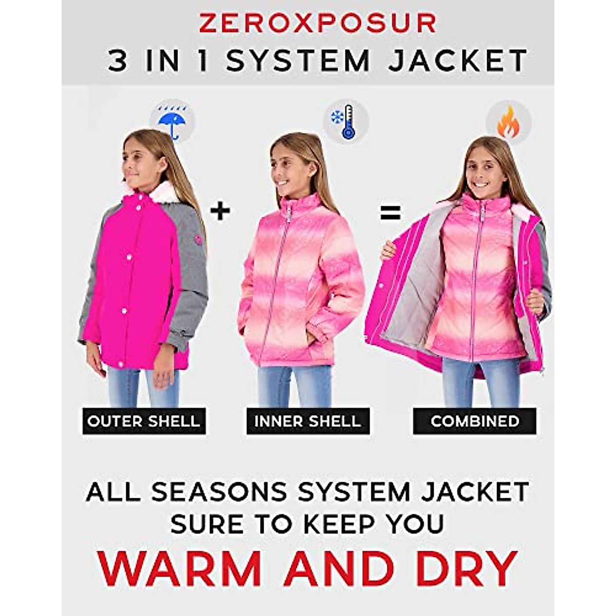 ZeroXposur Big Girls 3-in-1 System Jacket with Detachable Inner Shell - Girls Winter Coats (X-Large, Lollipop)