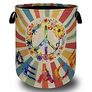 Retro Colorful Hippie Peace Laundry Basket Foldable With Handles Tote Bag Oxford Cloth Funny Laundry Hamper 18.9" x 16.5" Clothes Storage Bucket Toy Organizer For Bathroom/Laundry/Bedroom