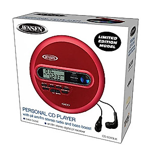 Jensen CD-65 Portable Personal CD Player CD/MP3 Player + Digital AM/FM Radio + with LCD Display Bass Boost 60-Second Anti Skip CD R/RW/Compatible Sport Earbuds Included