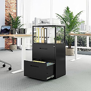 Fesbos File Cabinet with Shelves & 2 Lockable Drawers - Home Office Lockable Lateral Filing Cabinet for Hanging Files Letter/Legal/F4/A4 Size - Assembly Required