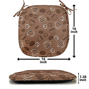 Lunarable Coffee Chair Seating Cushion Set of 2, Cup of Espresso Silhouettes with Beans Caffeine Source Gourmet Drinks Illustration, Anti-Slip Seat Padding for Kitchen & Patio, 16"x16", Brown White
