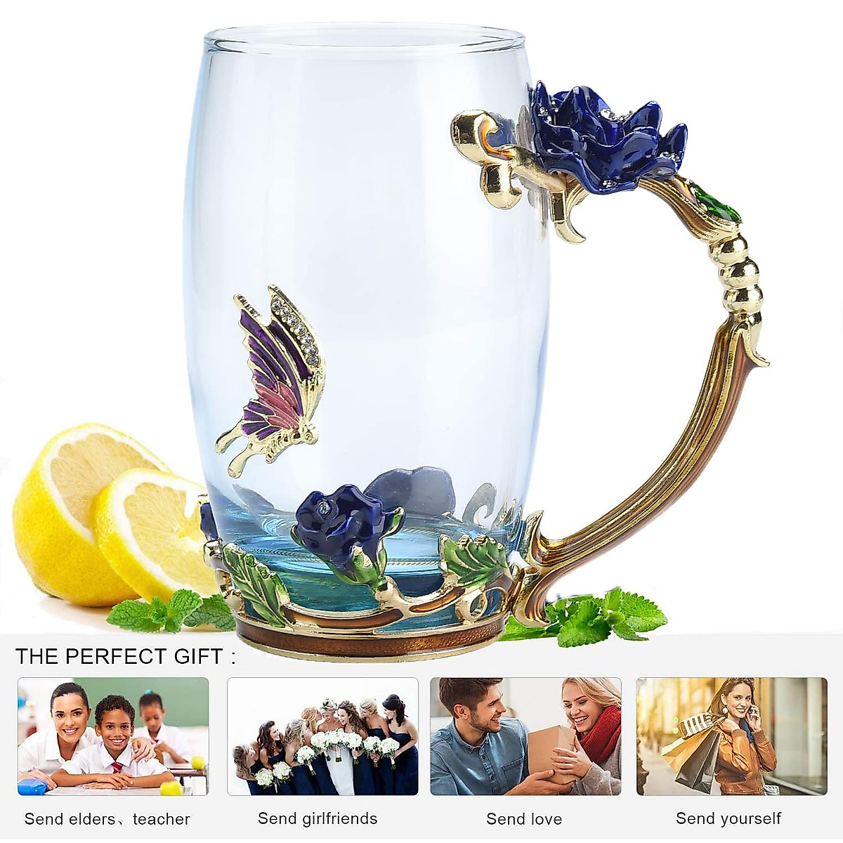 Butterfly Flower Glass Tea Cup, Handmade Enamels Rose Coffee Mugs with Spoon, Personalized Unique Gift for Women Mom Grandma Wife Friends Teacher Birthday Mothers Valentines Day Graduation(Blue-Tall)