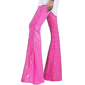EVALESS Hot Pink Pants for Women Sparkly Glitter High Waisted Wide Leg Sequin Flare Trousers Bell Bottom Clubwear S 4 6