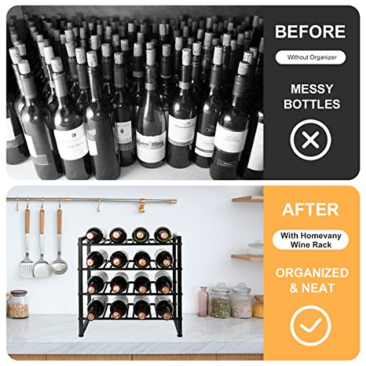 Wine Rack Freestanding 16 Bottle 4 Tier Display Storage Wine Rack for Countertop Cabinet Wine Holder Wine Shelf for Kitchen, Bar, Pantry, Wine Cellar, Basement (Metal)