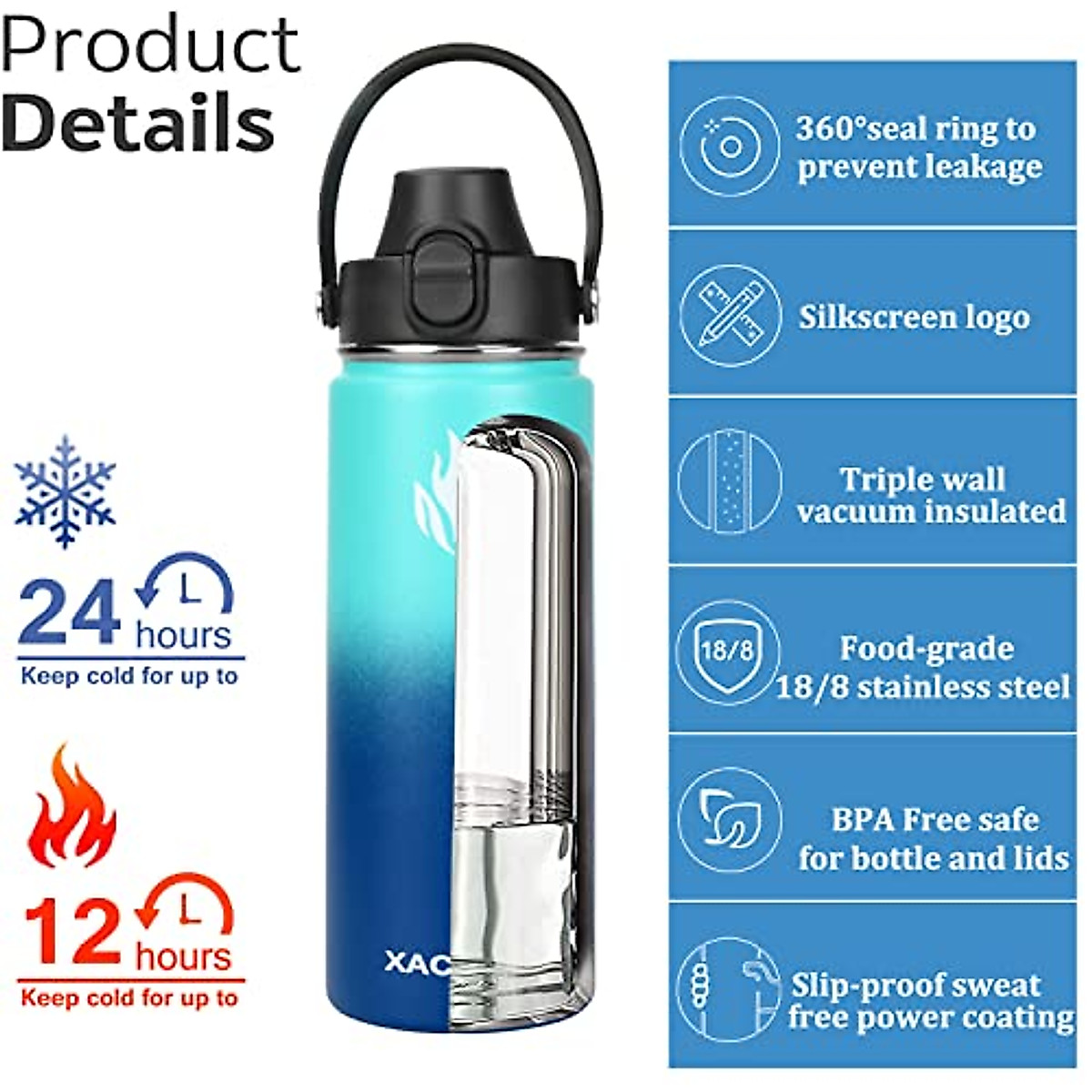 18oz Water Bottle,Vacuum Insulated Stainless Steel Water Flask with Straw Lid Auto Spout Lid Sport Lid,Leak Proof,Double Walled Travel Drink Mug,Metal Canteen,Hot Cold Water Bottles